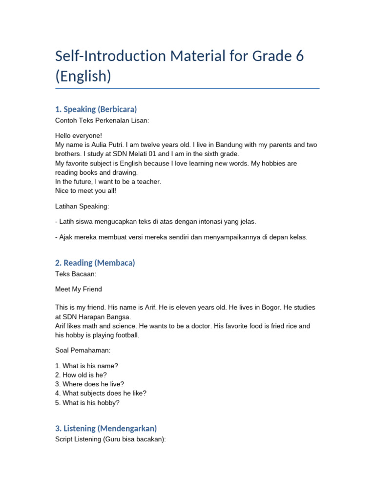Grade 6 Self-Introduction Guide | PDF