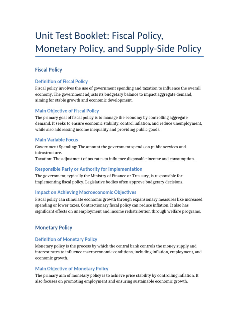 Booklet Economics Policies | PDF | Fiscal Policy | Monetary Policy