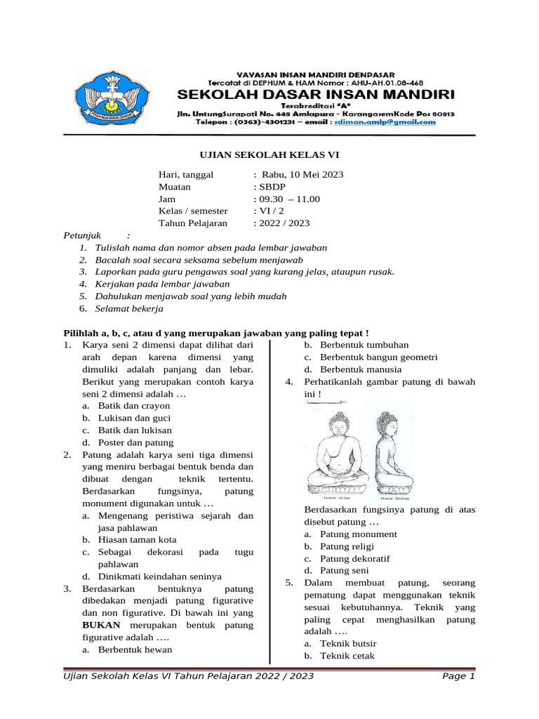Ujian Sekolah Kelas Vi SBDP 2023 | PDF