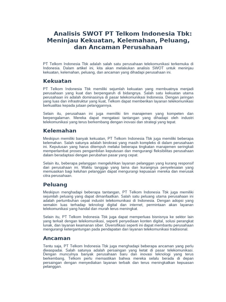 Josua Analisis SWOT PT Telkom Indonesia TBK | PDF
