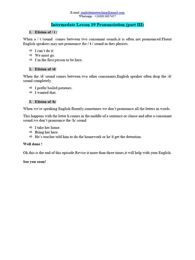 Intermediate Lesson 19 Pronunciation (Part III) - 1 | PDF