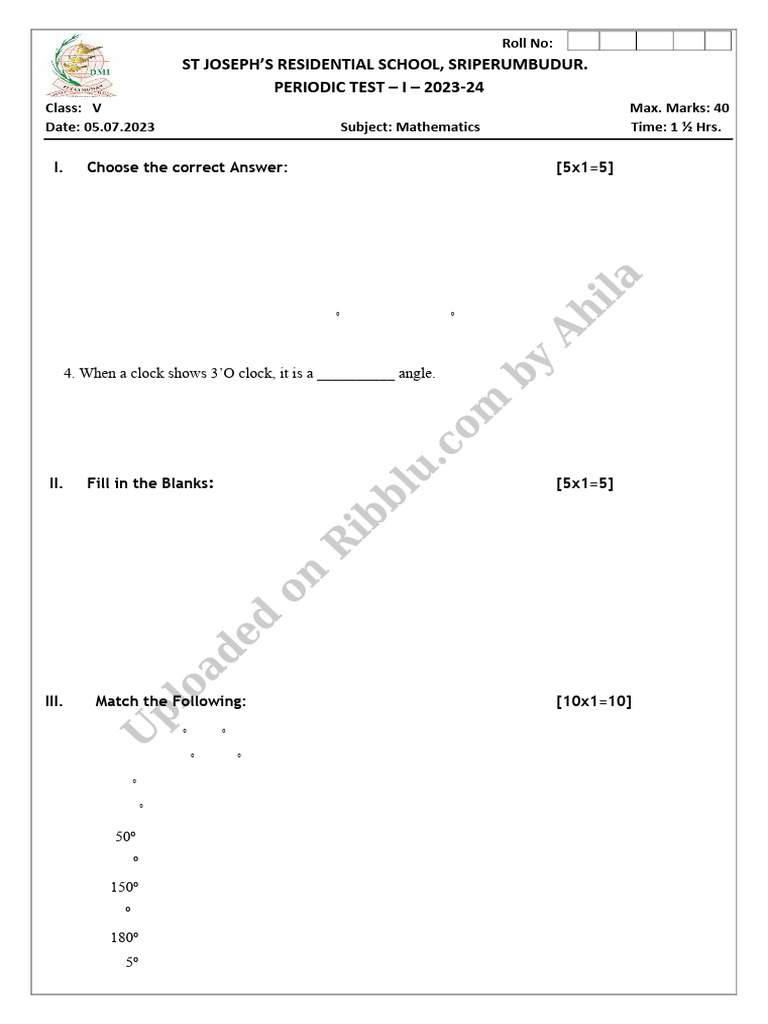 Cbse Class 5 Maths Periodic Test Paper 2023 ST Josephs Residential ...