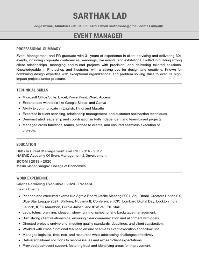 Event Management Professional Profile | PDF | Business
