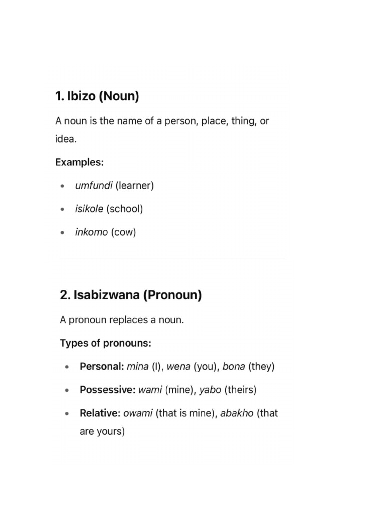 Isizulu Izihlangniso Zolimi (Parts of Speech) | PDF