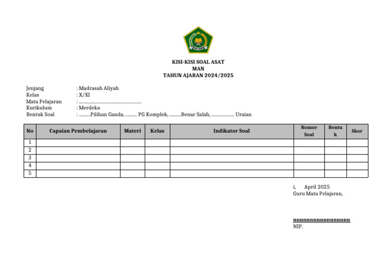 FORMAT KISI-KISI ASAT 2025 | PDF