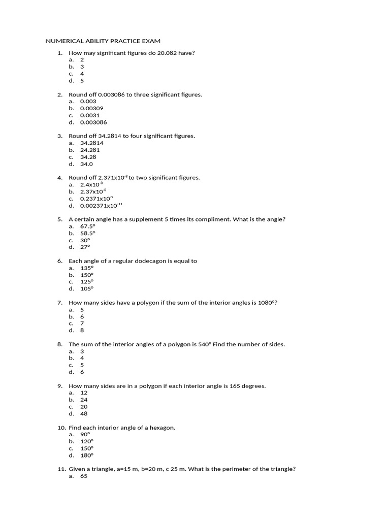 Numerical Ability Practice-Exam | PDF | Area | Circle