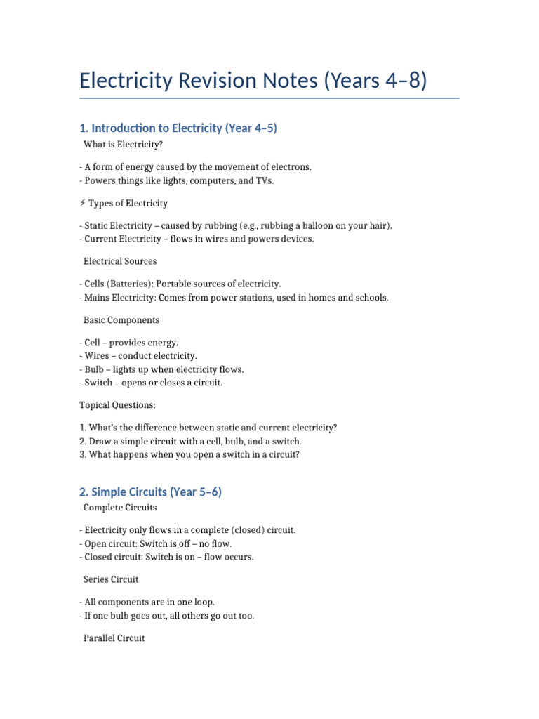 Electricity Revision Notes With Diagrams and Worksheets | PDF | Series ...