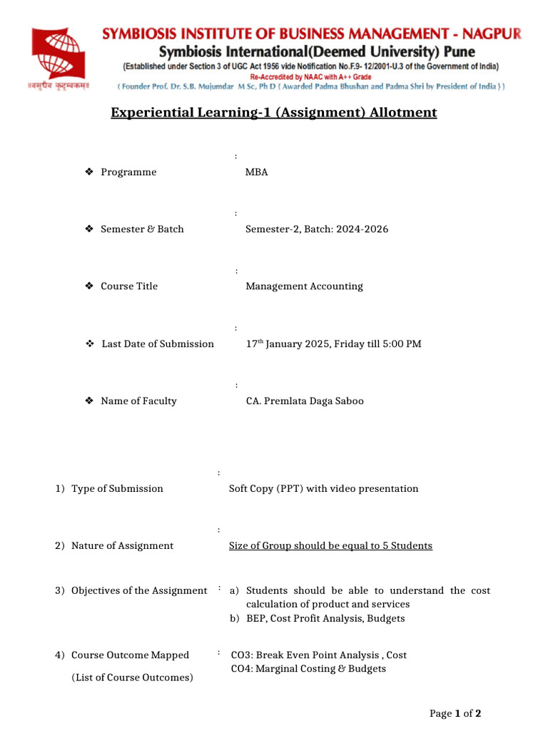 1 Experiential Learning - Group Assignment Allotment (1) | PDF | Financial Accounting ...