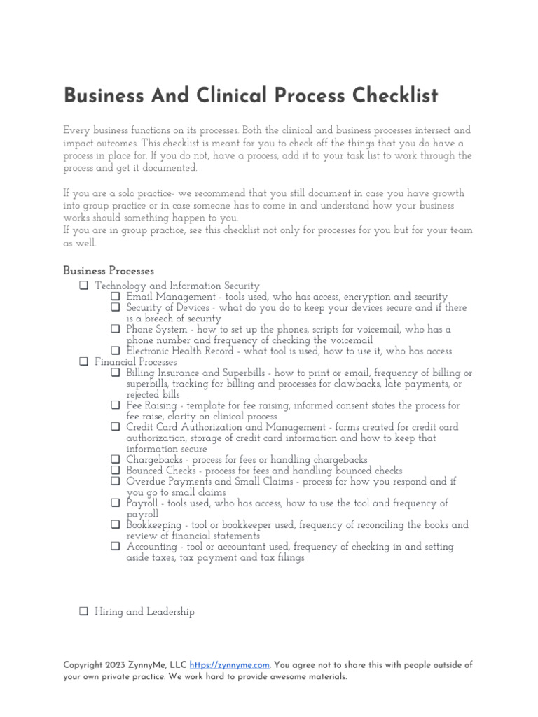 Business and Clinical Process Checklist | PDF | Credit Card | Payroll