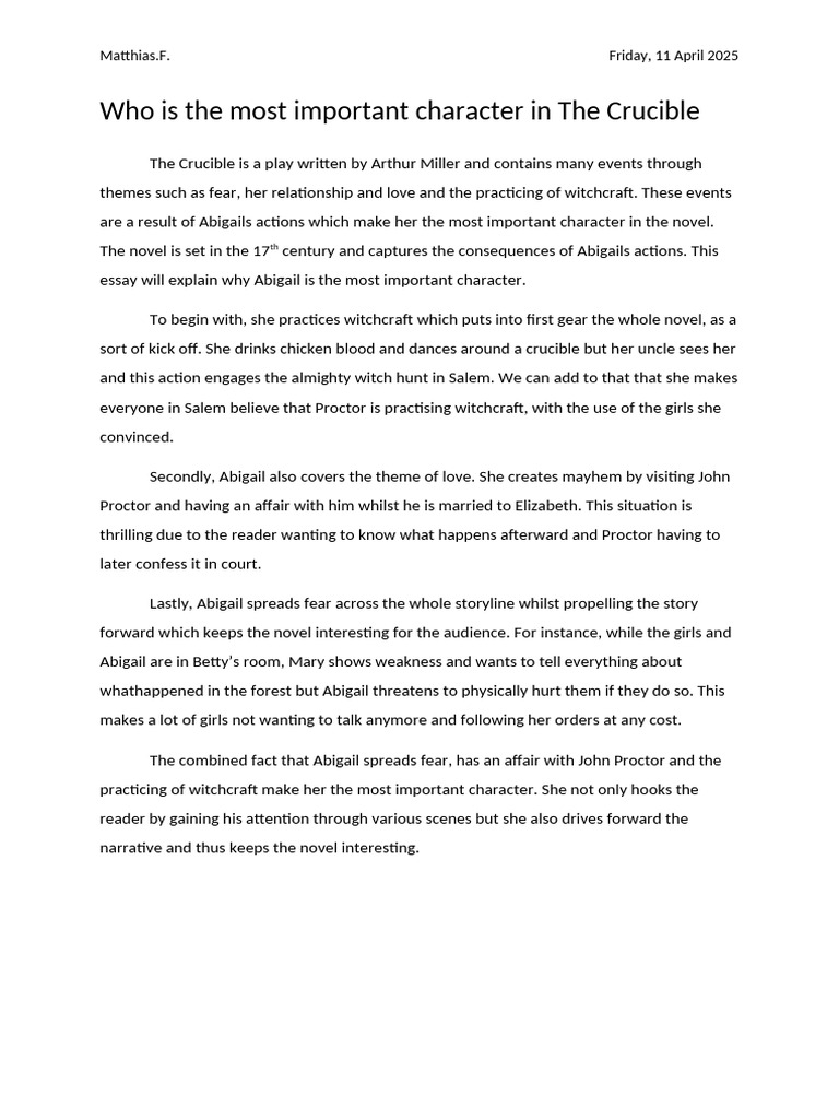Essay - Who Is The Most Important Character | PDF