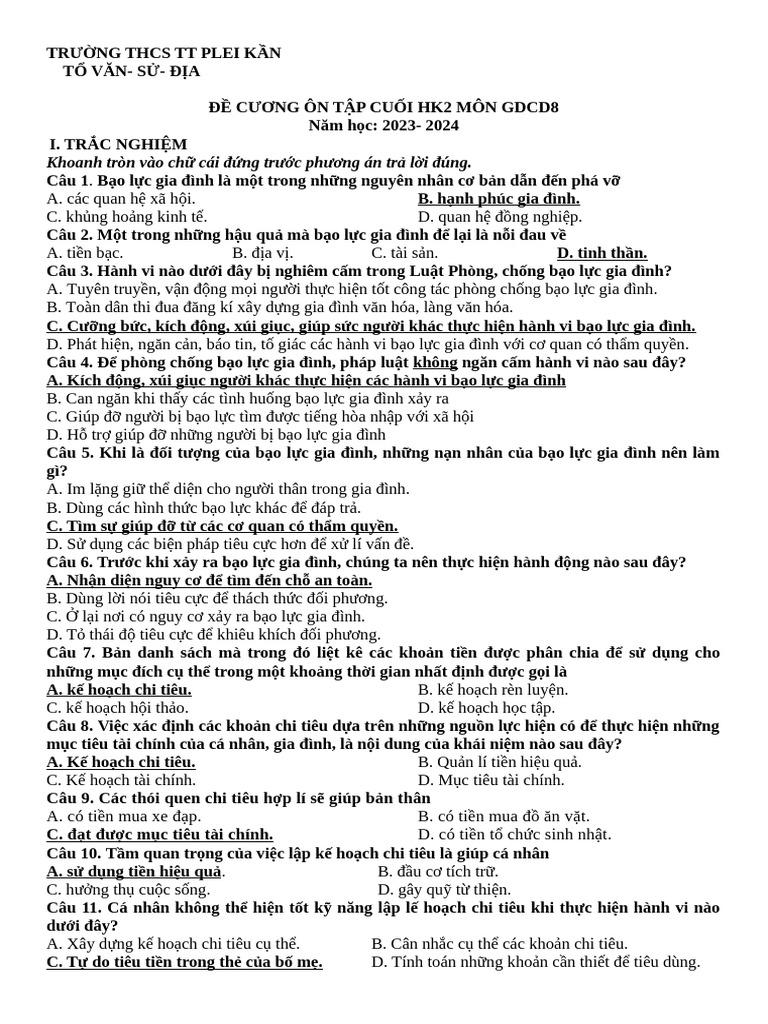 Đề Cương CK Ii GDCD 8 | PDF