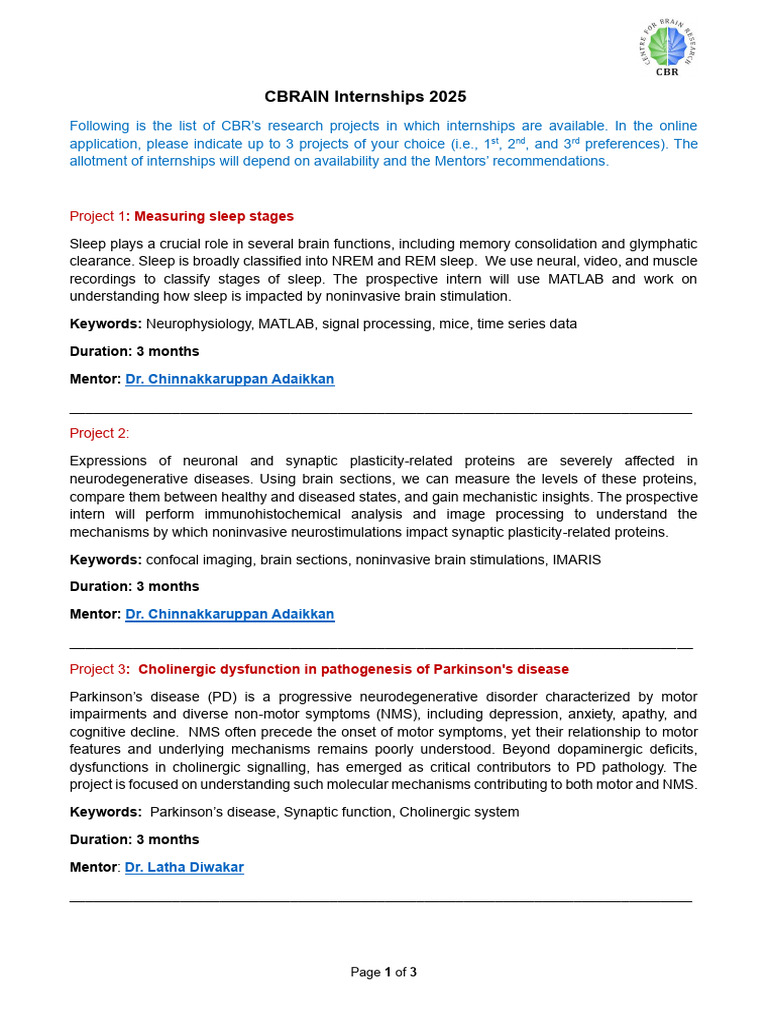 CBRAIN Internships 2025 Available-Projects | PDF | Synapse | Dementia