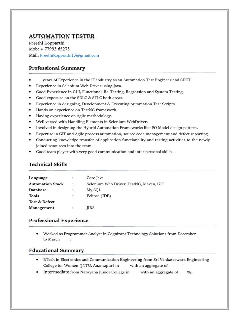 Preethi K Software Tester 2.4 Years | PDF | Selenium (Software ...