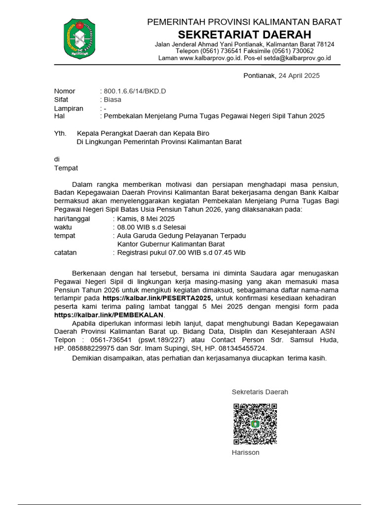 202504241029421. SURAT DINAS TTD SEKDA UNDANGAN PEMBEKALAN TTD | PDF