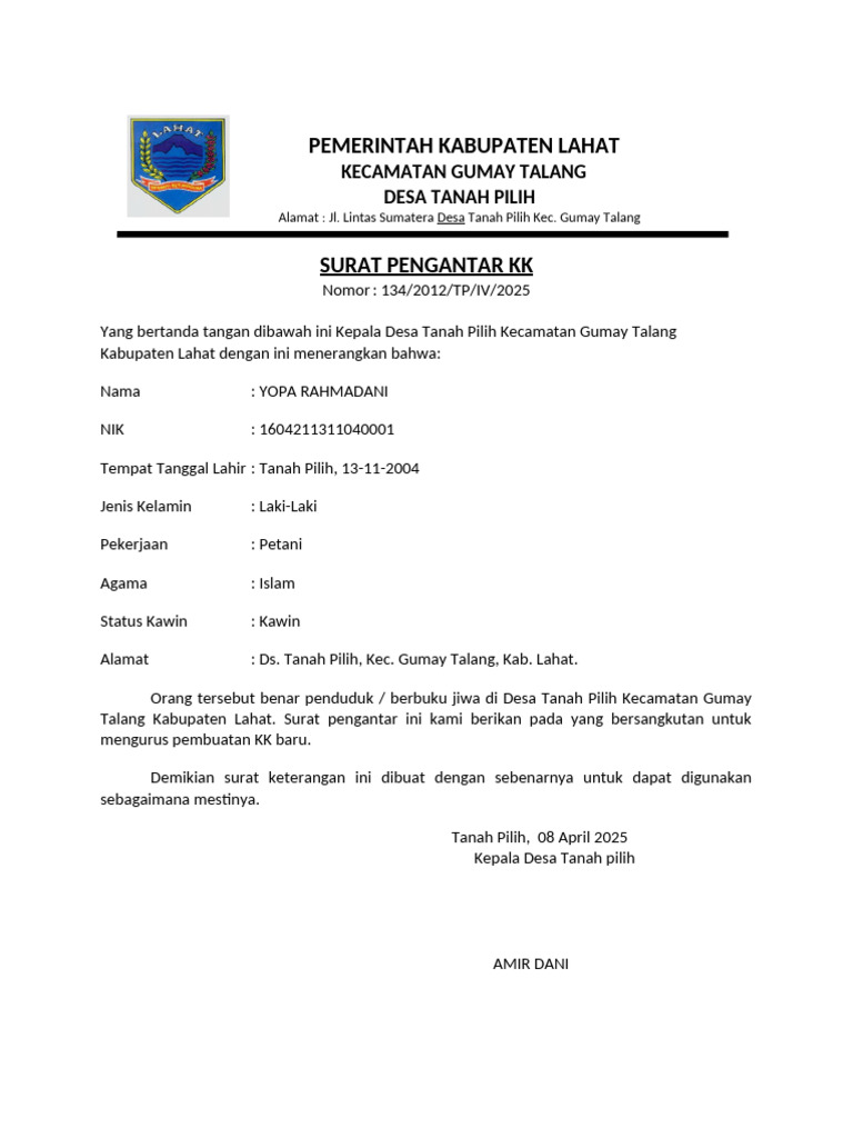 Surat Pengantar KK | PDF