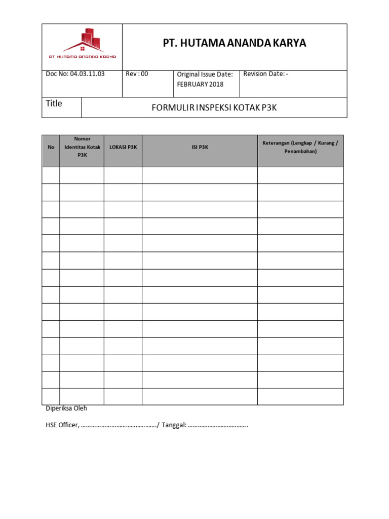 04 03 11 03 Formulir Inspeksi Kotak P3K | PDF