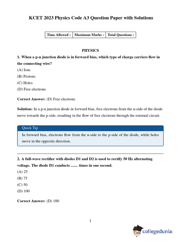 KCET Physics 2023 Question Paper With Solutions | PDF | P–N Junction ...