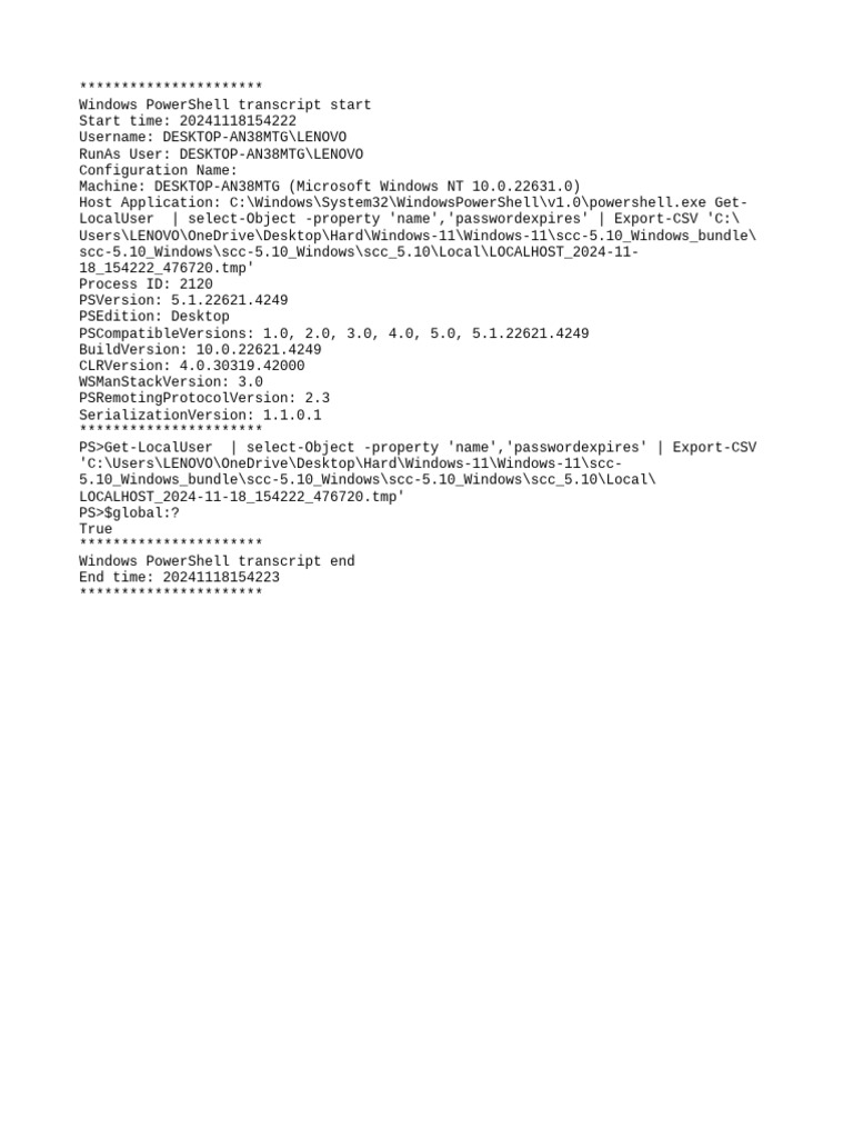 PowerShell Transcript - DESKTOP-AN38MTG - qcDvKxza.20241118154222 | PDF