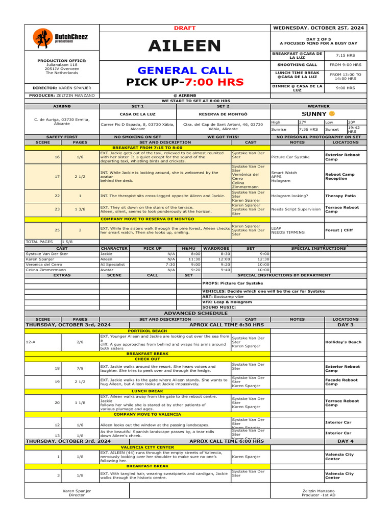 Aileen Callsheet Day 2-01-10 24 | PDF