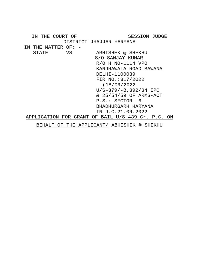 437 Simple Bail Application Abhishek @shekhu | PDF | Bail | Arrest
