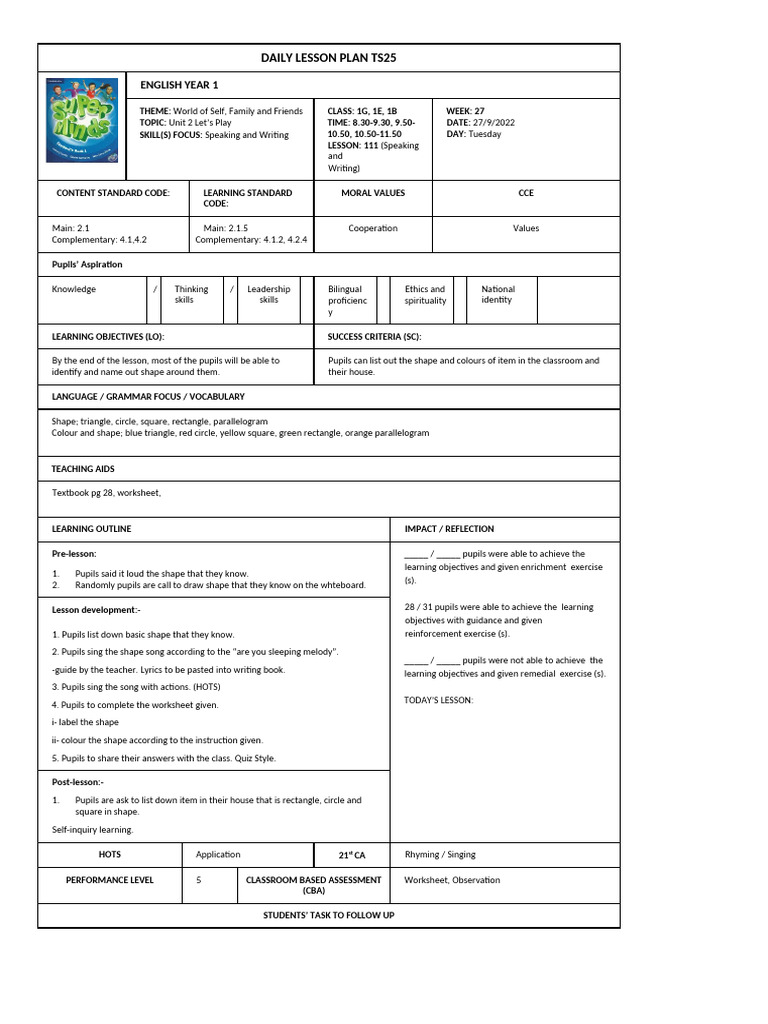 Daily Lesson Plan TS25 Shape Year 1 | PDF | Lesson Plan | Shape