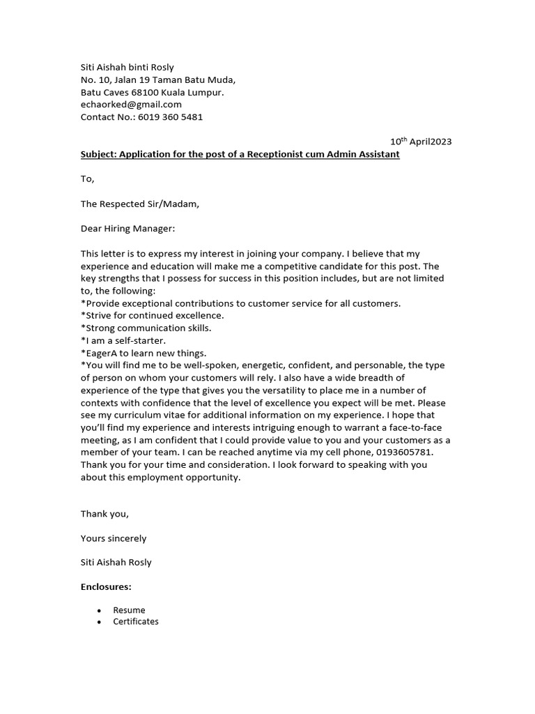 Siti Aishah Binti Rosly. Cover Letters | PDF