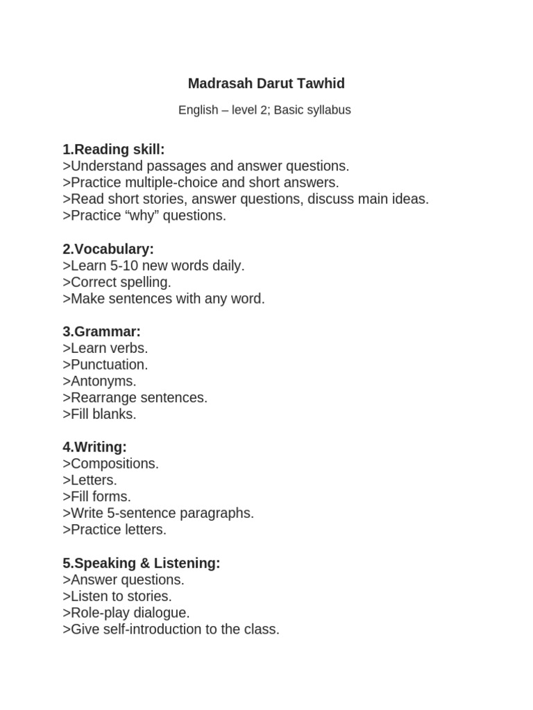 English – Level 2; Basic Syllabus | PDF