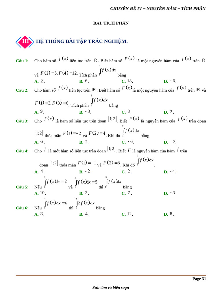 Toán-12 c4 b2 2.2 Tich-phan Tn-4-Lựa-chọn De | PDF