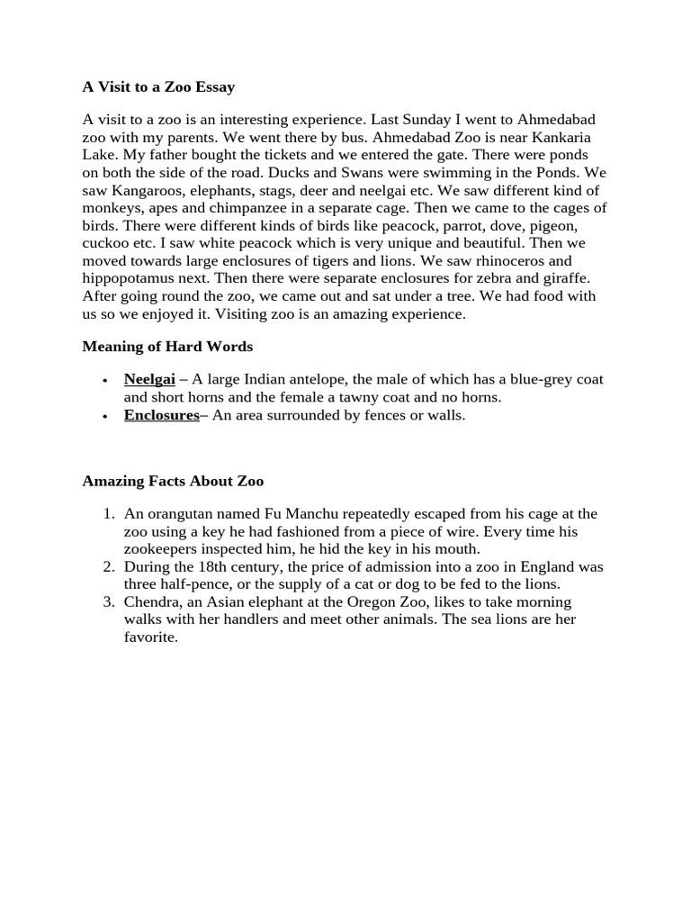 A Visit To A Zoo Essay | PDF
