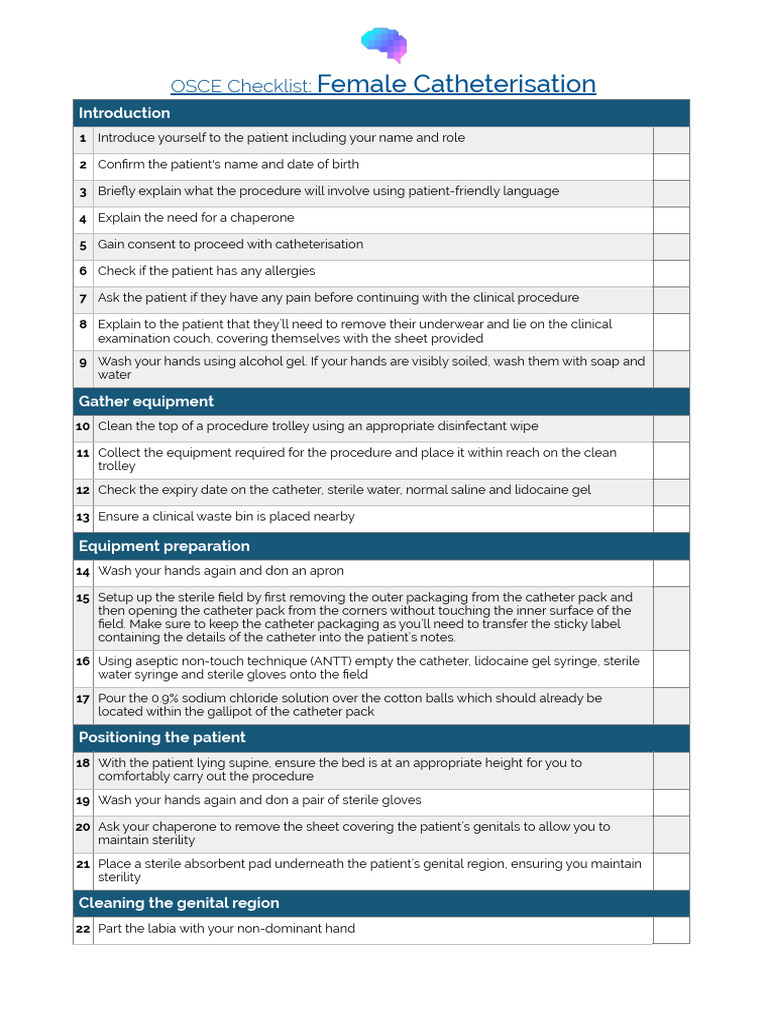 Female Catheterisation OSCE Checklist | PDF | Catheter