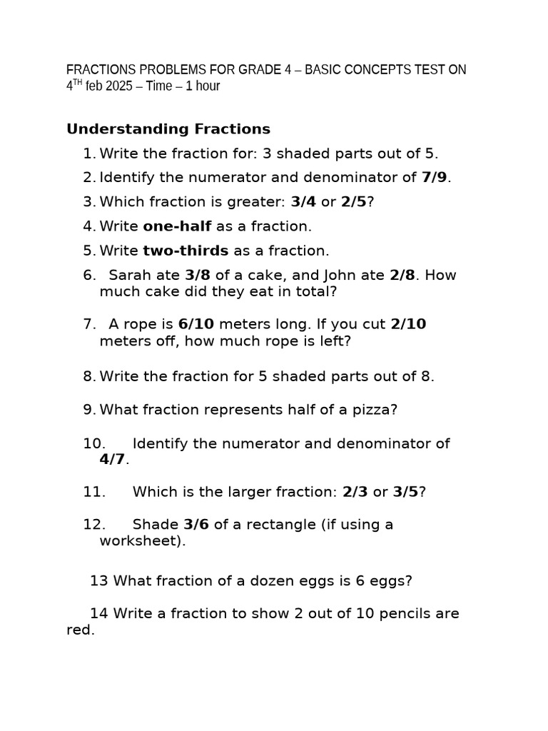 Grade 4 Fraction Problems Test | PDF | Arithmetic | Division (Mathematics)