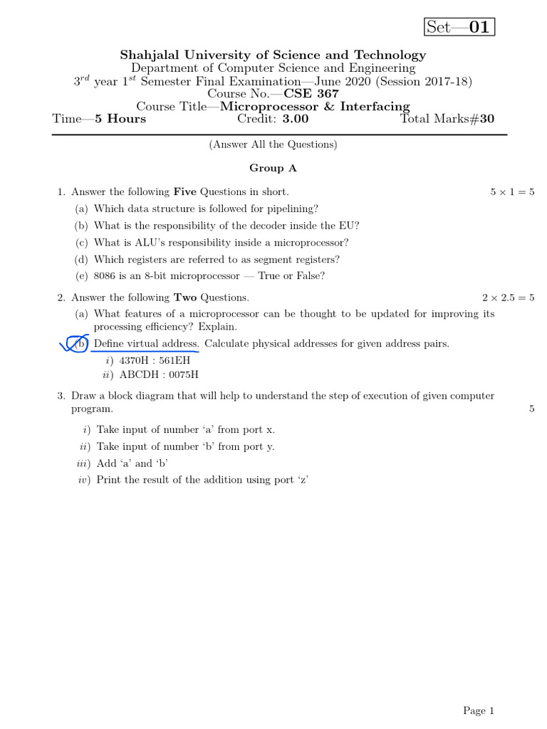 CSE 367 Microprocessor Exam Questions | PDF | Microprocessor | Central ...