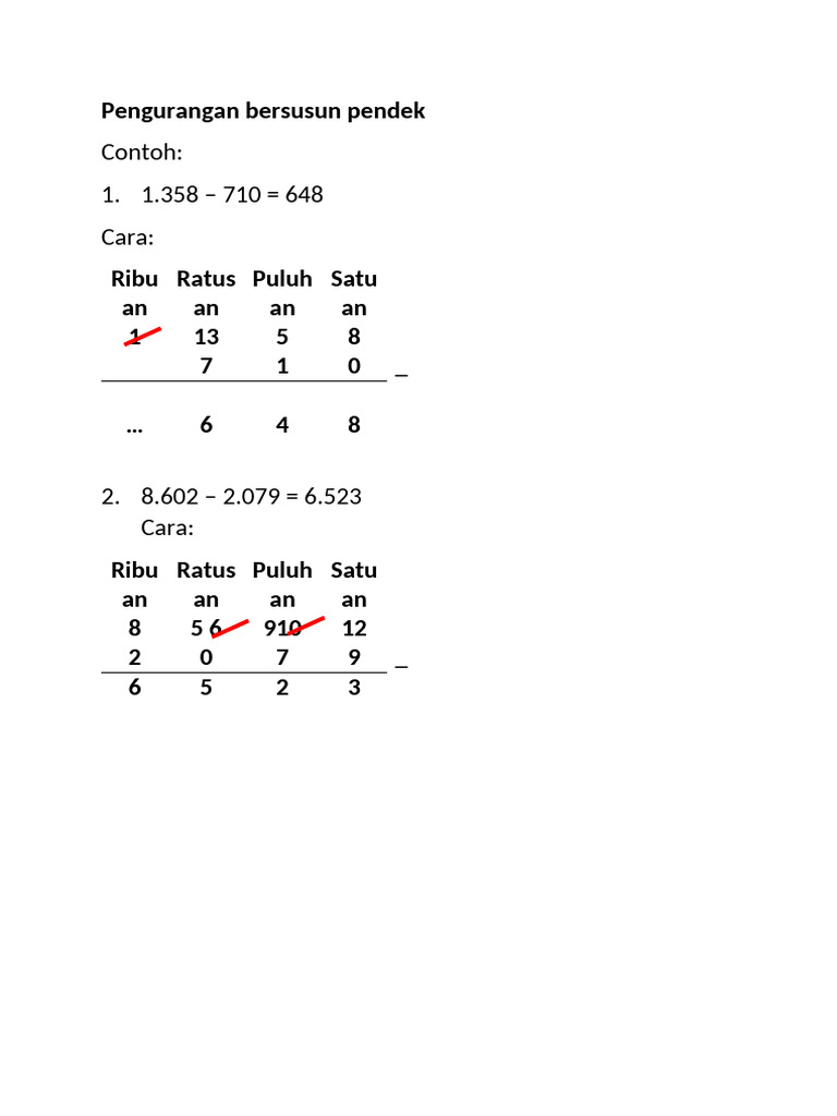 Soal Pengurangan Bersusun Pendek | PDF