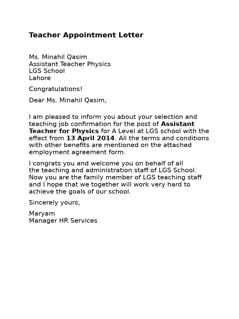 Primary Teacher Appointment Letter Template | PDF