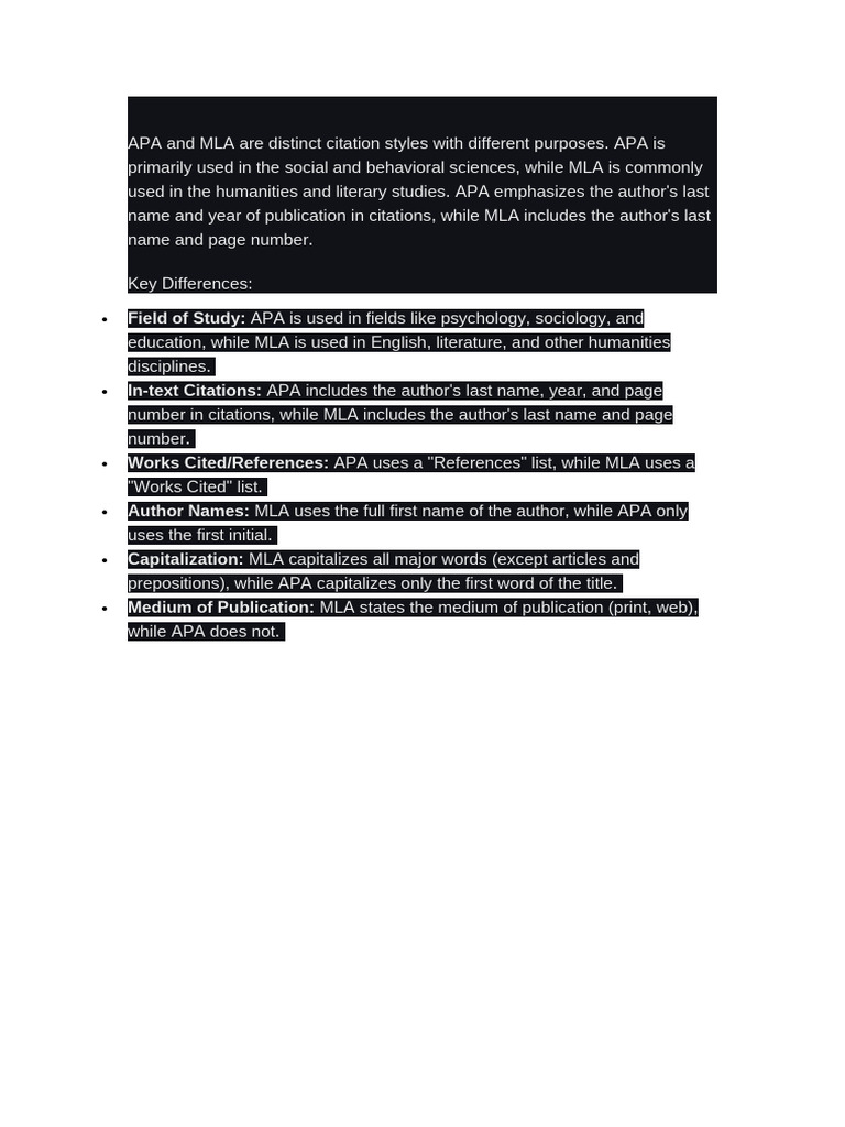 Difference Between APA and MLA | PDF