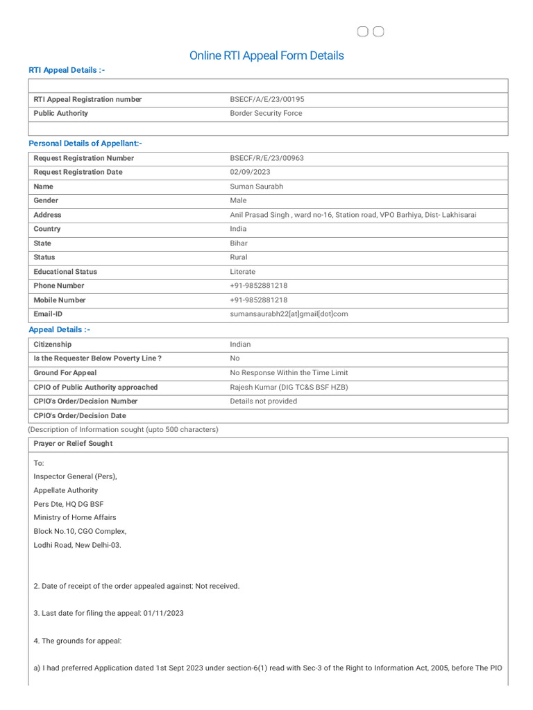 RTI Appeal Form for BSF Response Delay | PDF | Justice | Crime & Violence