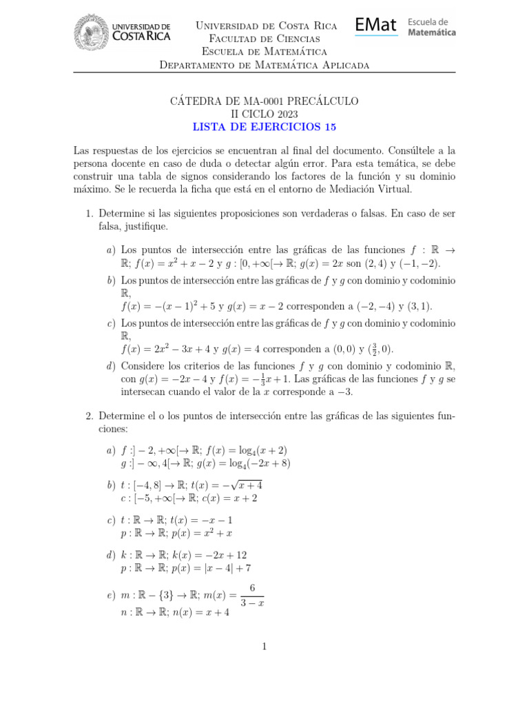 Lista de Ejercicios 15 Graficación e Intersecciones Entre Gráficas de Funciones | PDF | Lógica ...