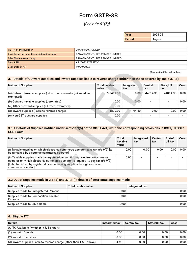 GSTR3B 20aahcb0779k1zp 082024 | PDF | Taxes | Business