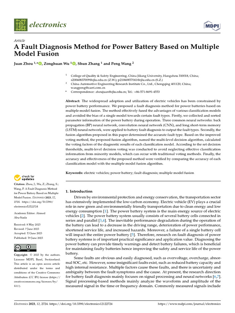 A Fault Diagnosis Method For Power Battery Based On Multiple Model ...
