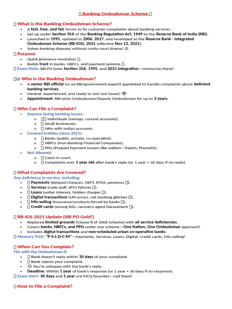 Understanding the Banking Ombudsman Scheme | PDF | Reserve Bank Of ...