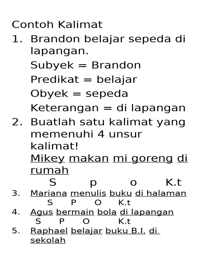 Contoh Kalimat SPOTK dan SPOK | PDF