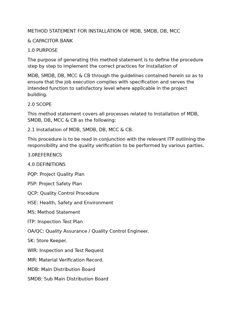 Method Statement For Installation of MDB | PDF | Quality Assurance | Verification And Validation