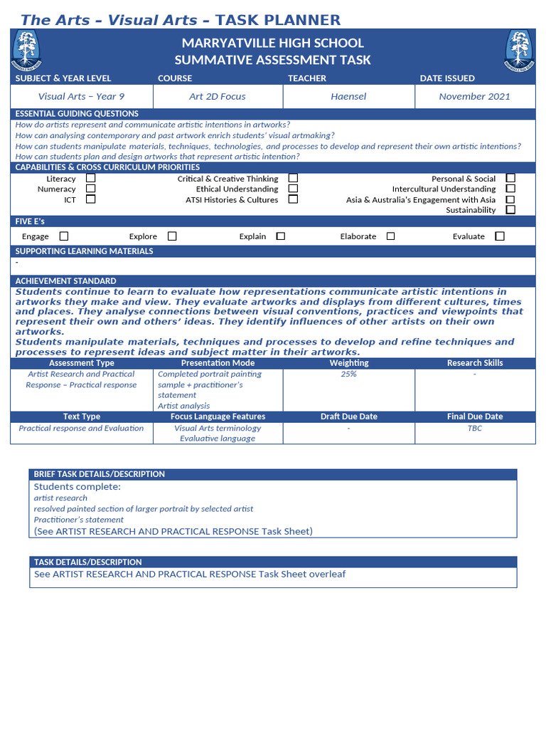 Year 9 Visual Arts Task Planner | PDF | Paintings | Knowledge