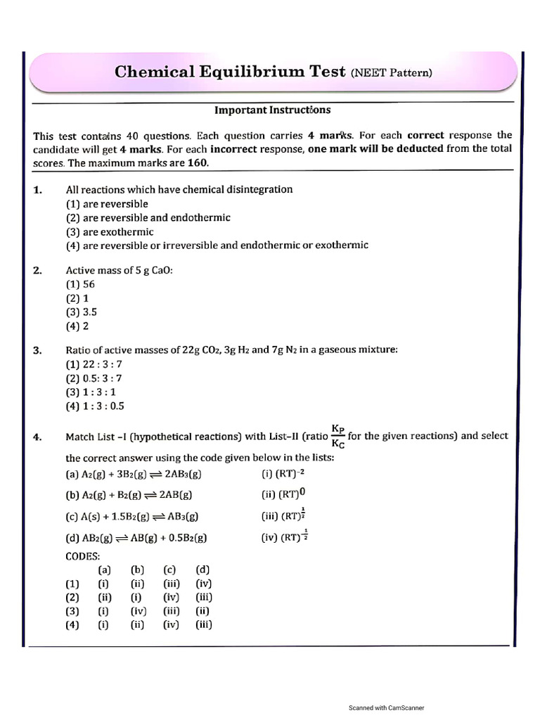 Chemical Equilibrium Mock Test | PDF