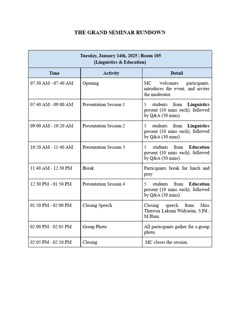 Grand Seminar Schedule Overview | PDF