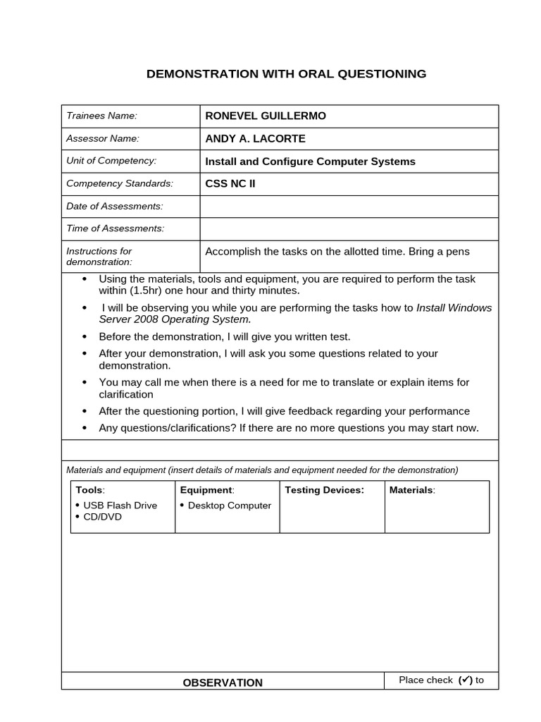 LACORTE PTS 11 - Demonstration and Observation Checklist | PDF | Operating System | Hard Disk Drive