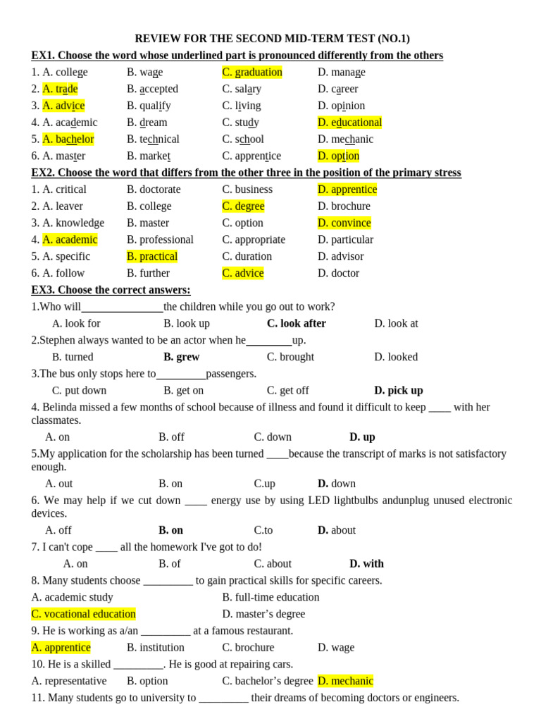 Mid-Term Test Review: Vocabulary & Grammar | PDF