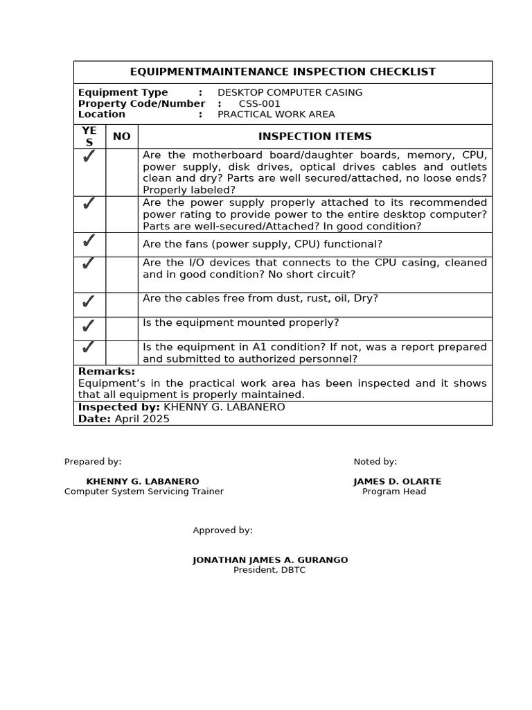 MTF 4 Equipment Maintenance Inspection Checklist - LABANERO KHENNY | PDF