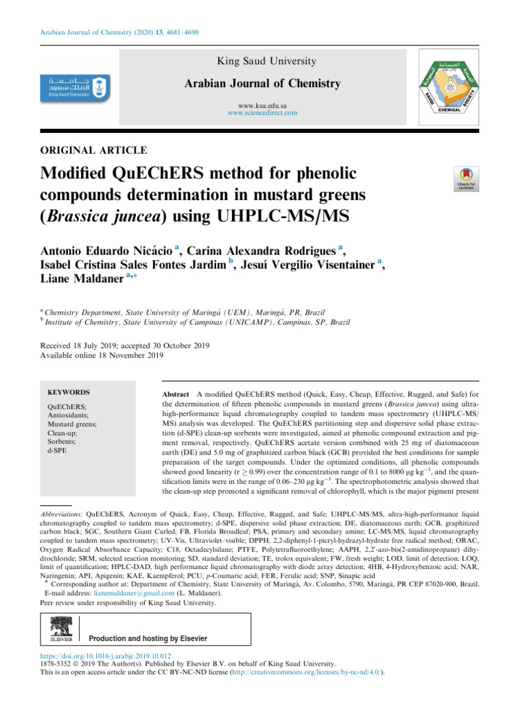 Modified QuEChERS method for phenolic compounds determination in mustard greens (Brassica juncea ...