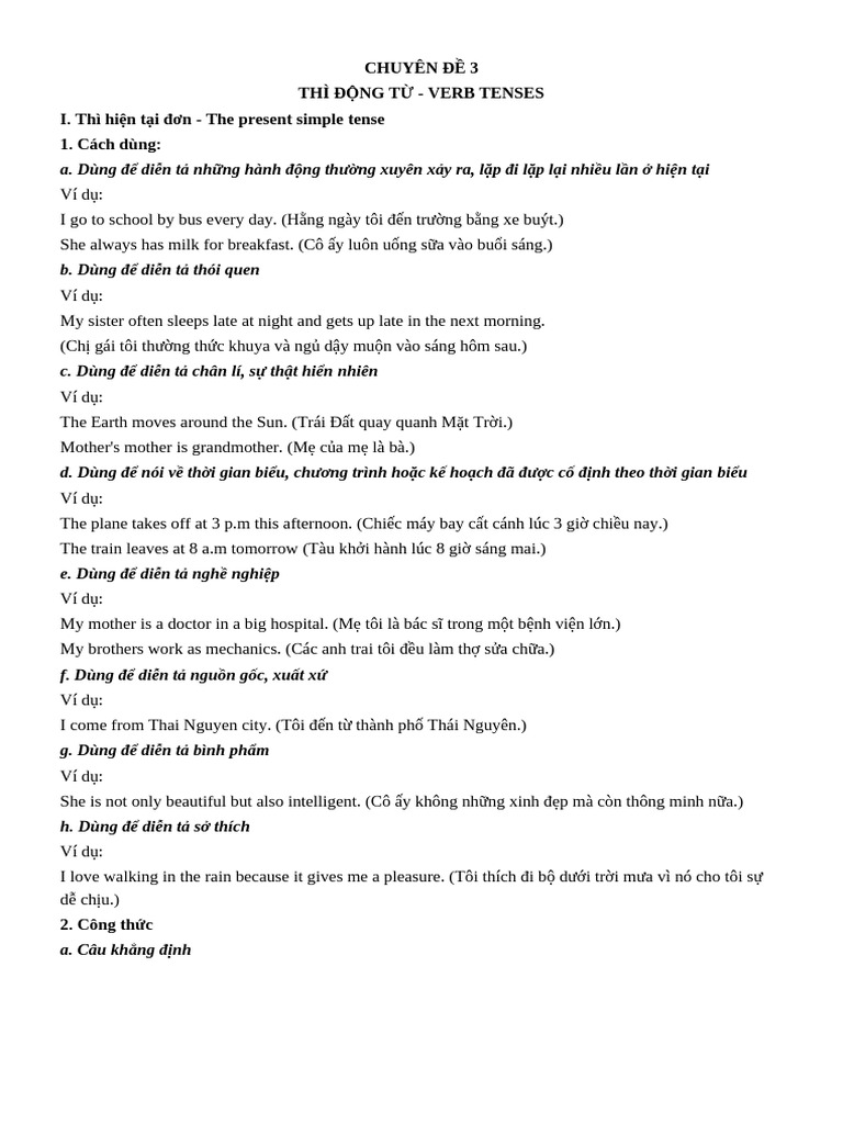 CHUYÊN ĐỀ 3- THÌ HTĐ.HTTD | PDF